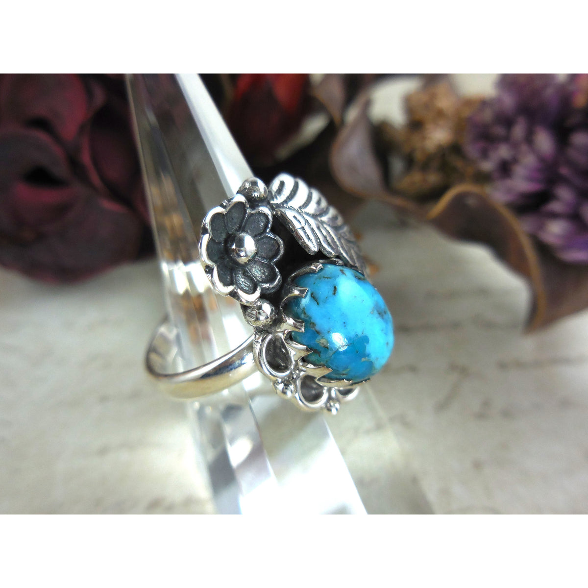 Turquoise Flower & Leaf .925 Sterling Silver Ring - Size 8 – Sage ...